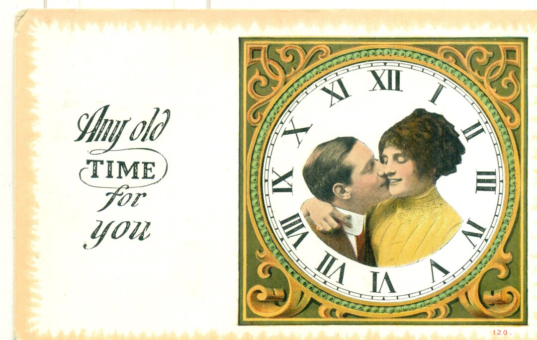 Kissing Couple Clock Face Any Old Time for You Antique Color Postcard ...