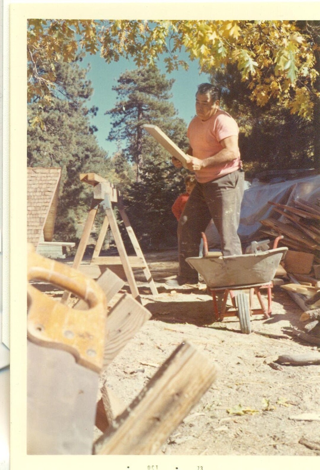 Construction Worker Man Holding Wood Wheelbarrow Building 70s Color ...