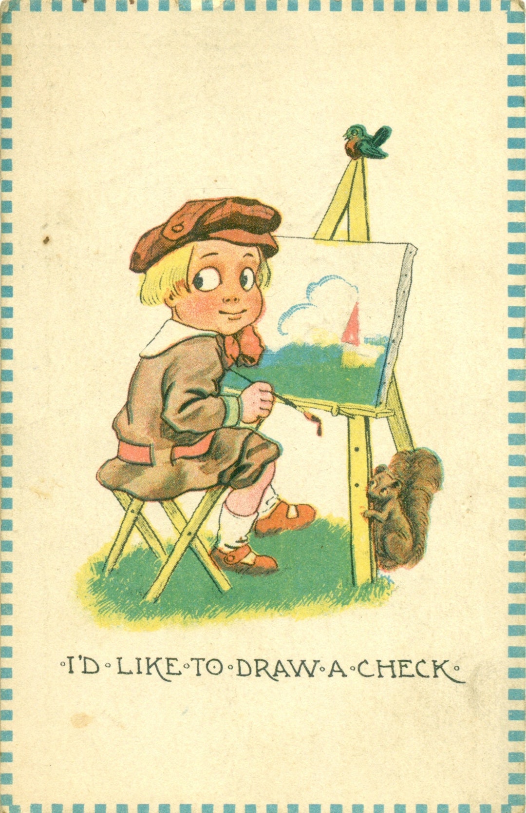 I'd Like to Draw A Check 1910s Postcard Boy Paining Sailboat Squirrel ...