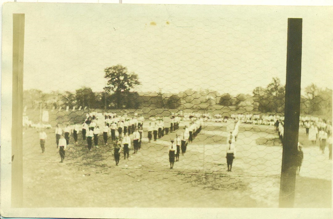 WW1 Era Men Soldiers Formation Lined up for Drill Through Fence RPPC ...