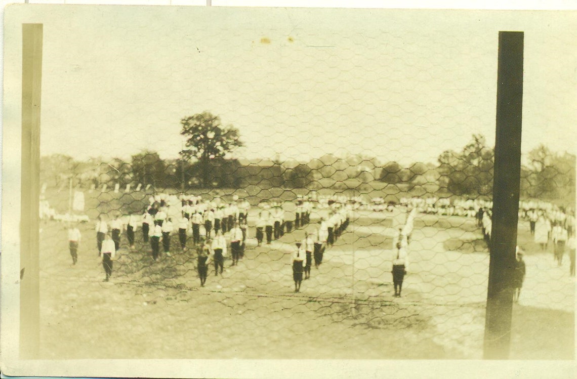 WW1 Era Men Soldiers Formation Lined up for Drill Through Fence RPPC ...