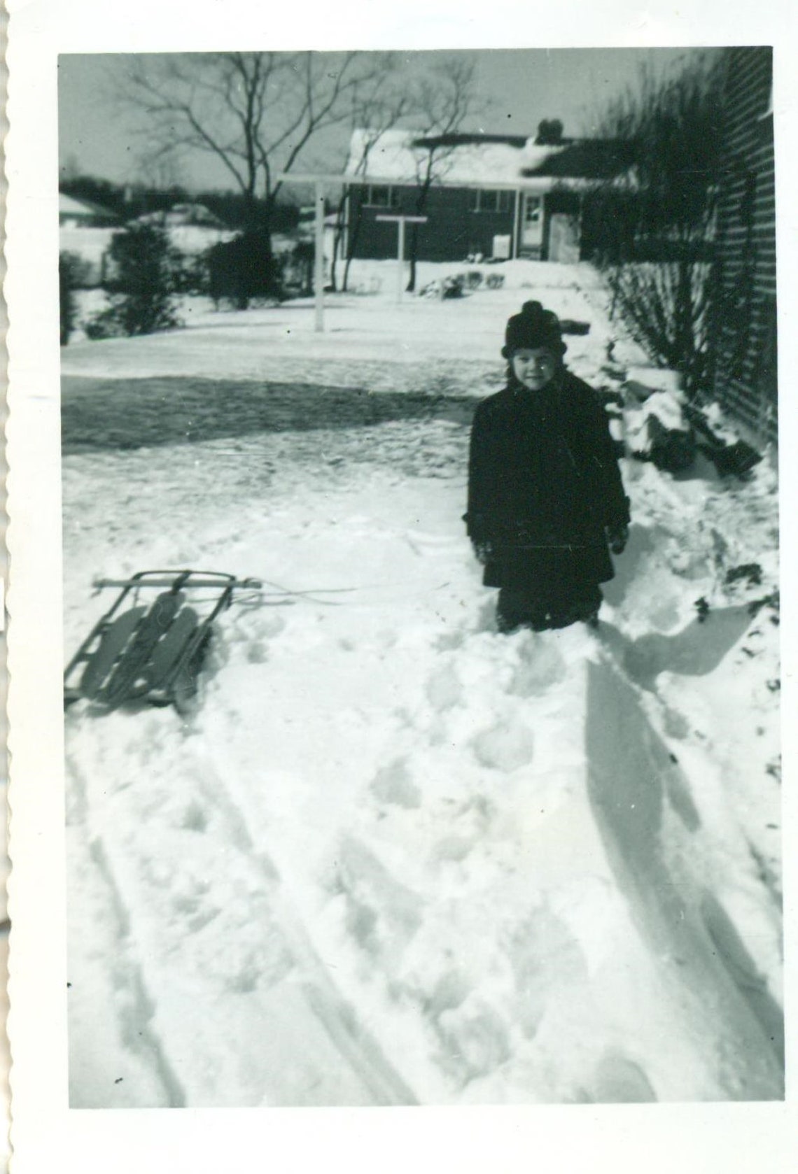 1950s Sledding Girl Playing in Snow Backyard Winter Fun Sled 50s ...