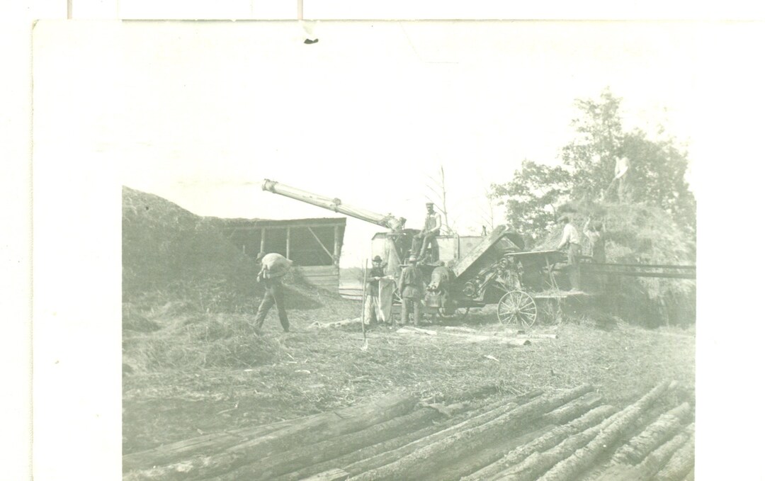 Straw Blower Farm Machine in Use Farmers Making Hay Pile Antique RPPC ...