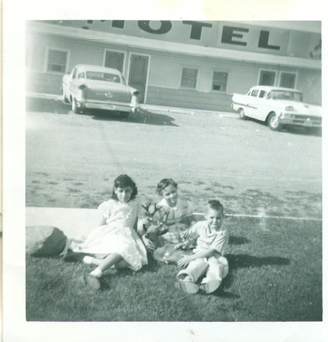 1950s Family Vacation Road Trip Kids at Motel Sitting Gras Cars 50s ...