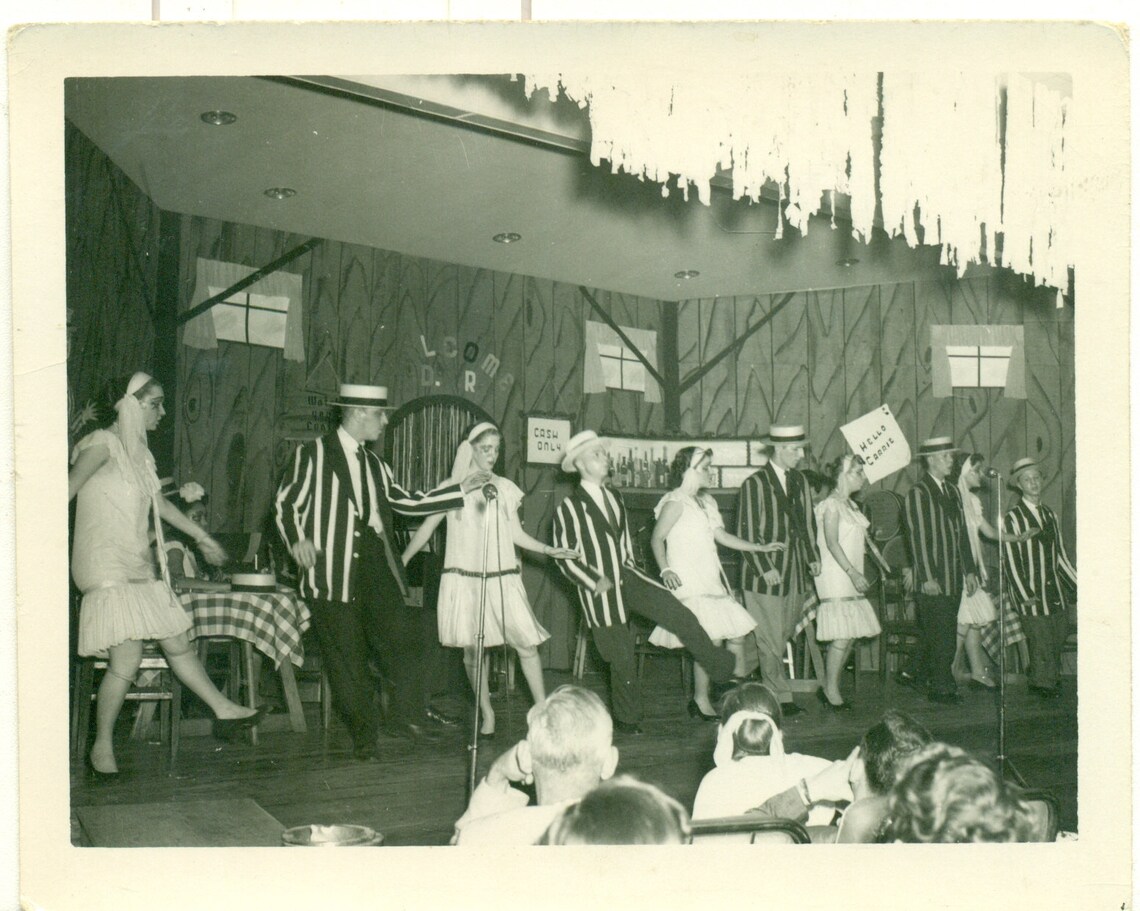 1950s High School Musical Flappers Barber Shop Singers on Stage Dancing ...