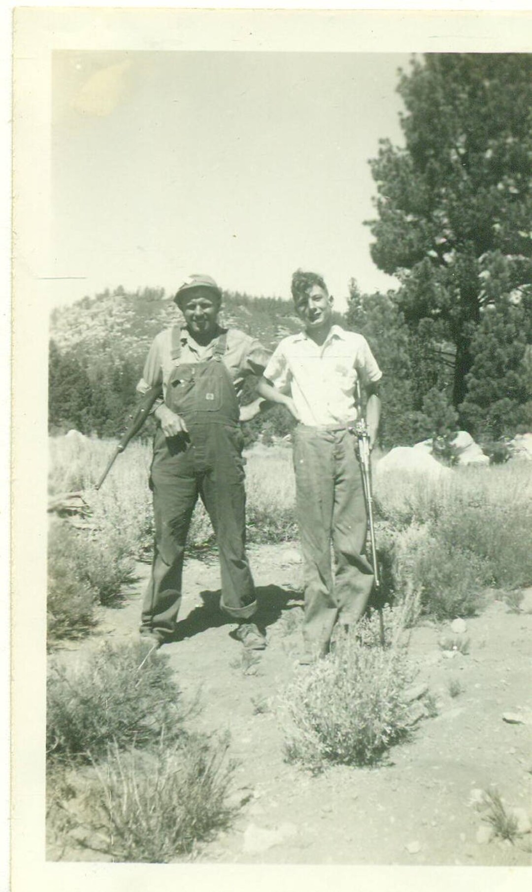 1940s Hunting Farmers Father Son Holding Guns Denim Overalls West ...