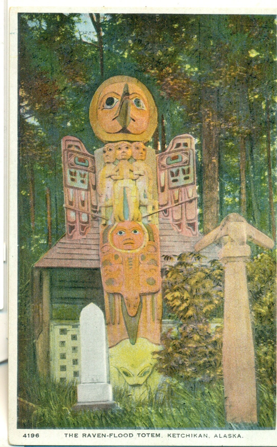 The Raven Flood Totem Pole Ketchikan Alaska Vintage Color Postcard ...