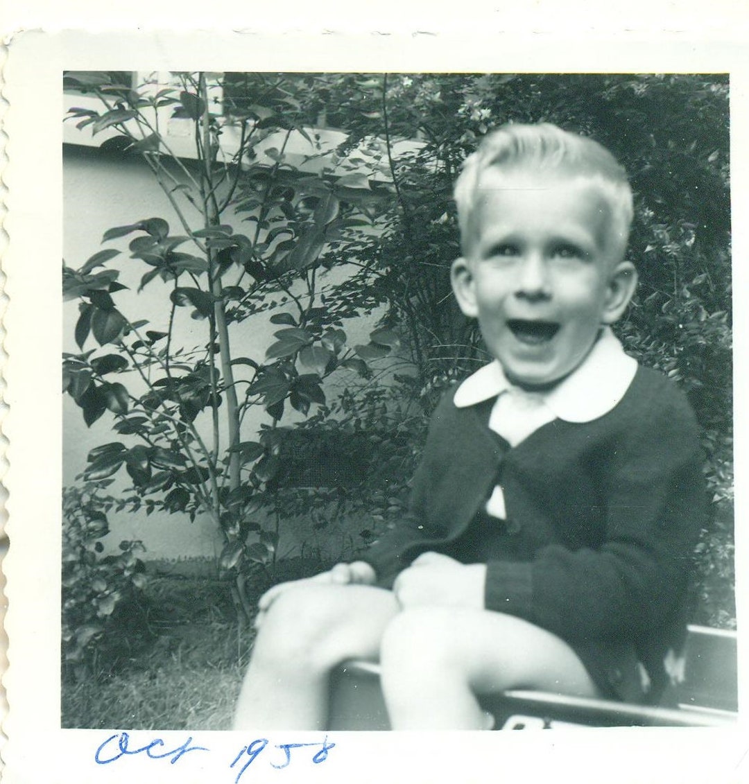 1958 Boy Sitting in Wagon Talking Mouth Open Kid 50s Vintage Photograph ...