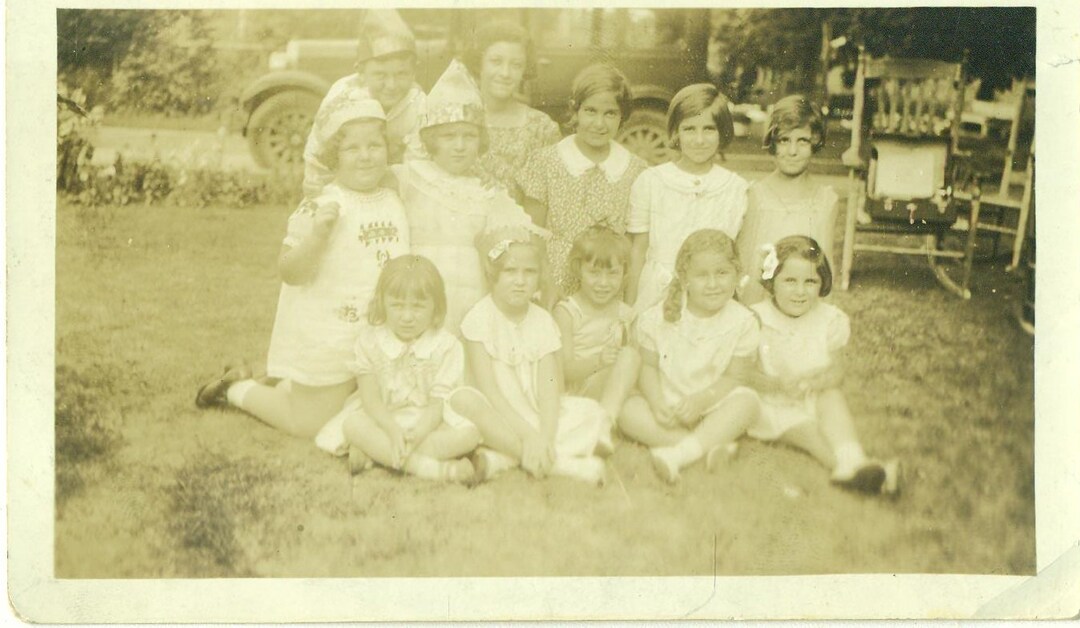 1933 Group of Little Girls at Birthday Party Hats Dress 30s Photograph ...