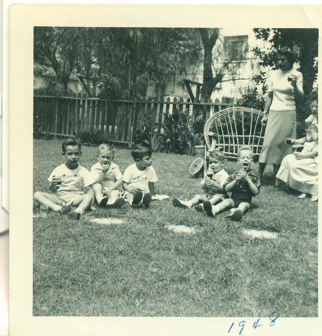 1948 Boys Drinking Coke Soda Pop on Grass Summer 40s Vintage Photograph ...
