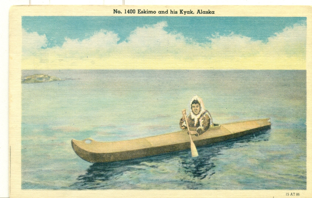 Eskimo in Kyak Kayak Skin Boat Alaska Antique Linen Postcard Unmailed ...