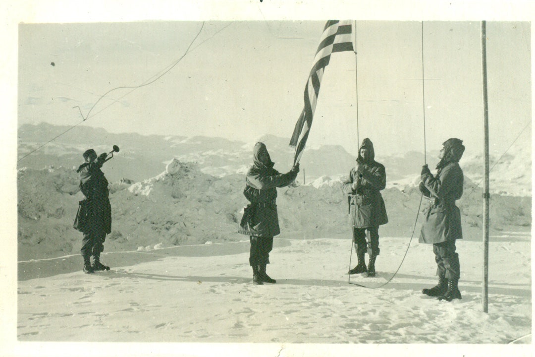 1940s Alaska WW2 Army Soldiers Raising Flag in Snow Parkas Bugle Player ...