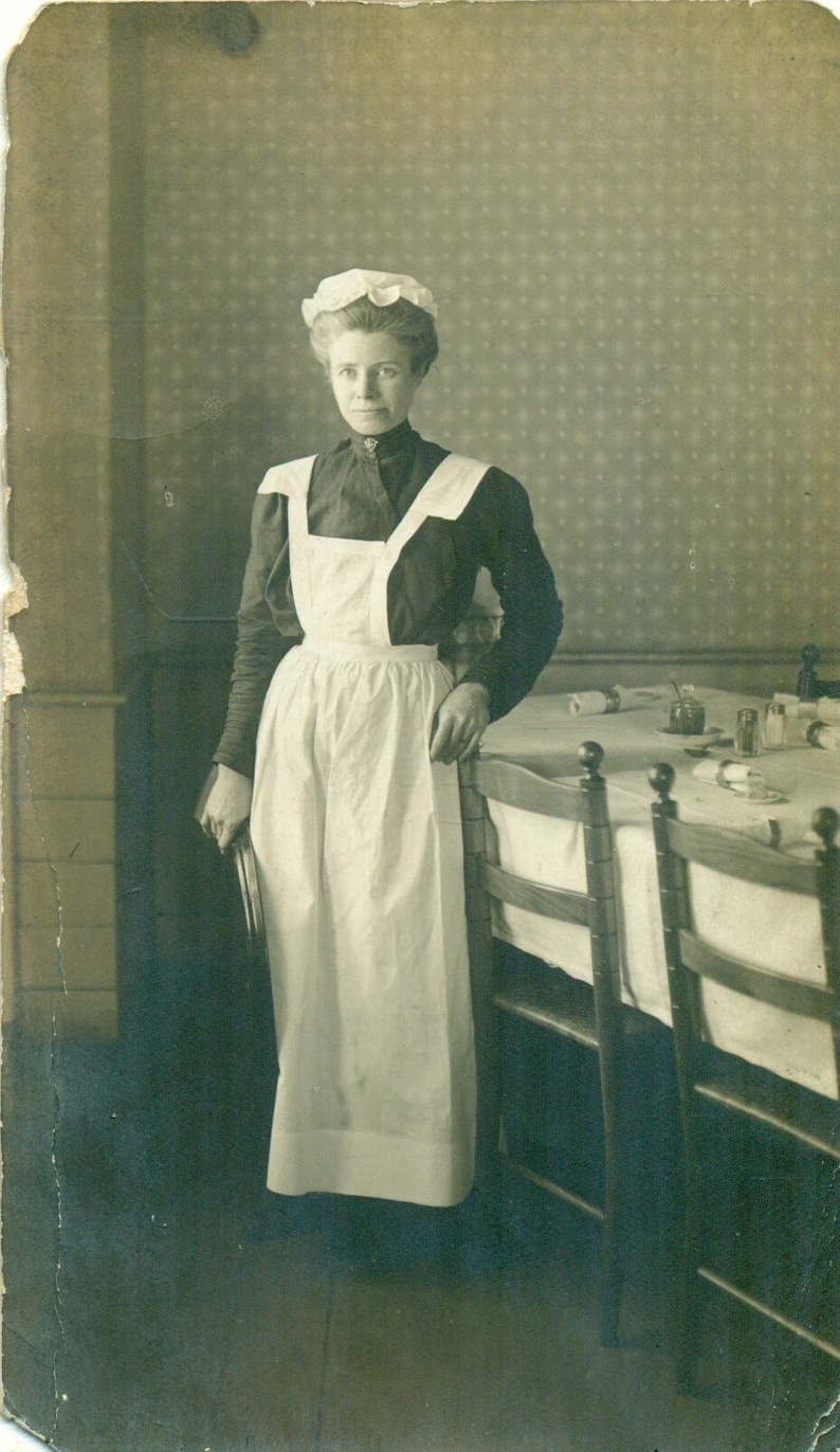 The Staff Maid Woman in Uniform Standing Next to Table Waitress Antique ...