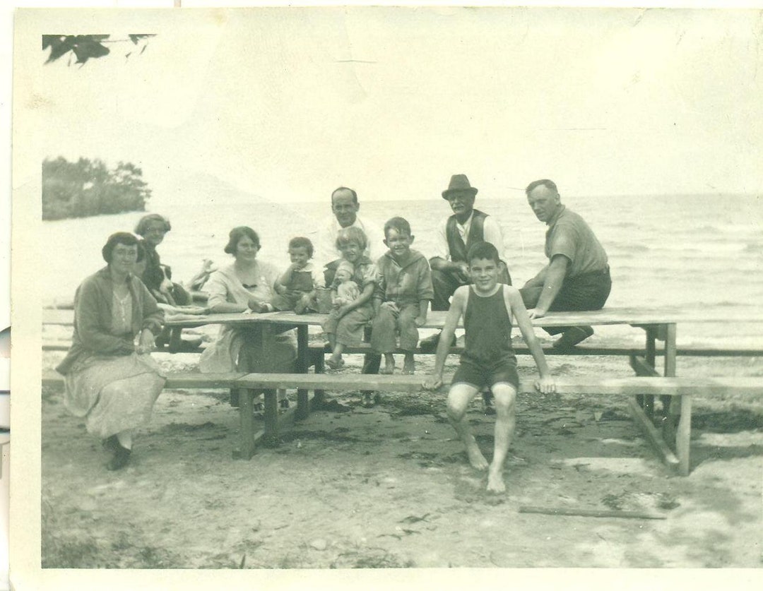 1920s Family at Lake Girl Holding Doll Boy in Swim Suit Baby on Picnic ...