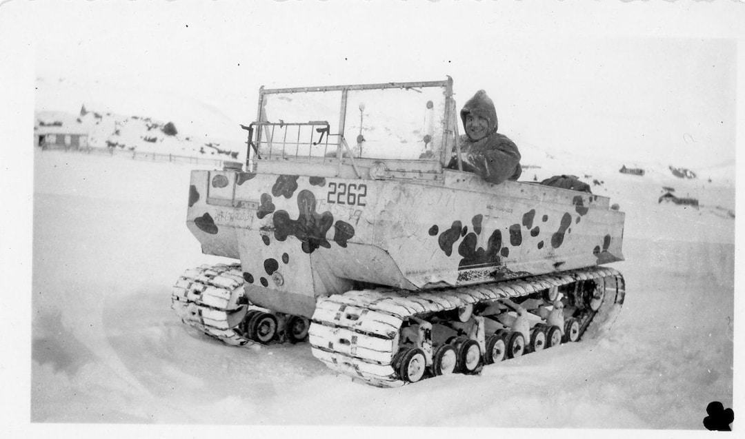 1950s Alaska Studebaker M29 Weasel Photo Happy Army Soldier Driving Tracked Snow Camo Tracked ...