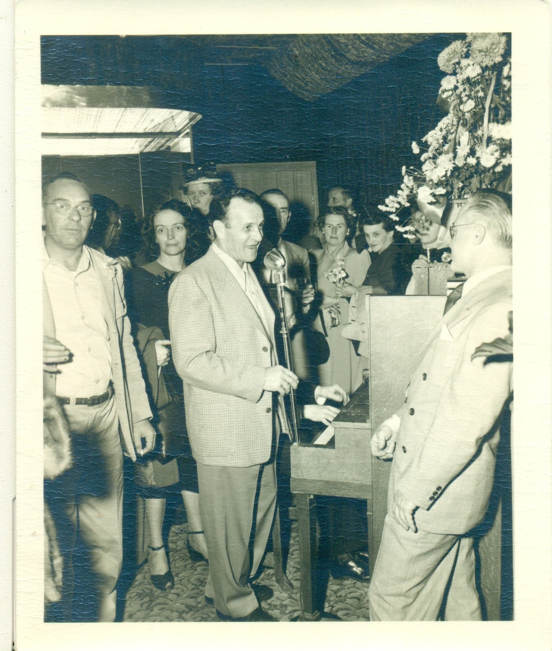 1940s Lounge Singer Man at Microphone Next to Piano Crowd Around ...