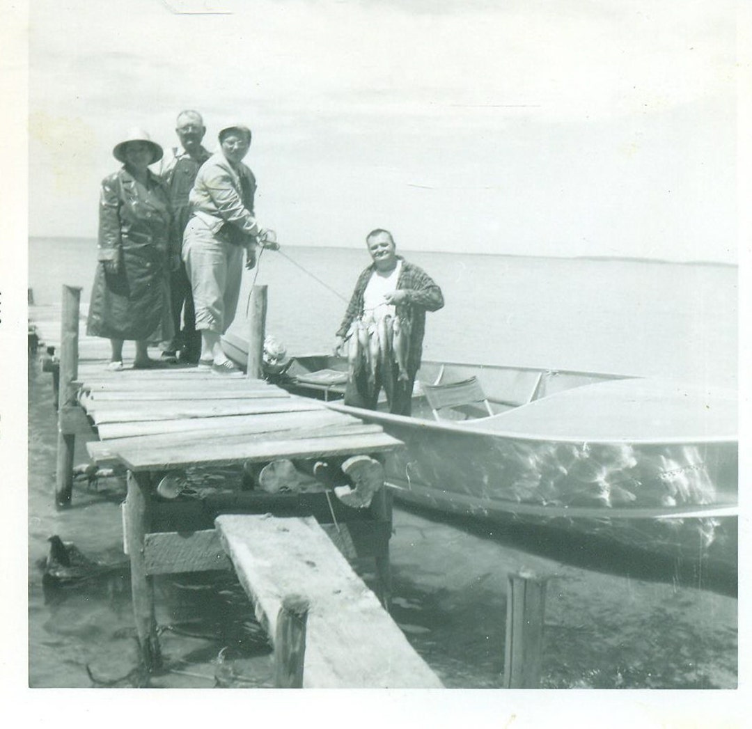 A Great Day Fishing Holding Fish on String Boat at Dock on Lake 1957 ...