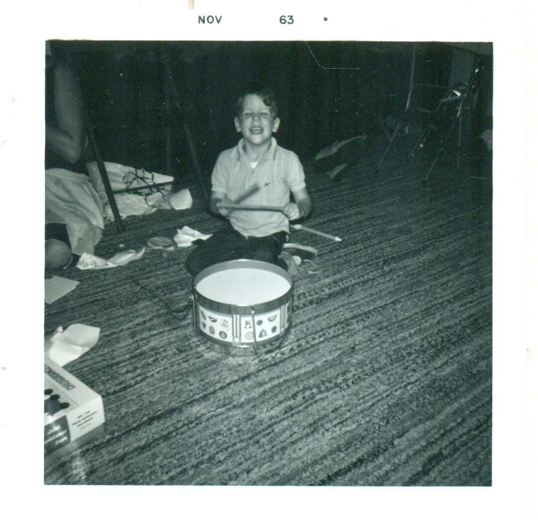 1963 Ken Boy Playing Drum on Carpet Floor Vintage Black White Photo ...