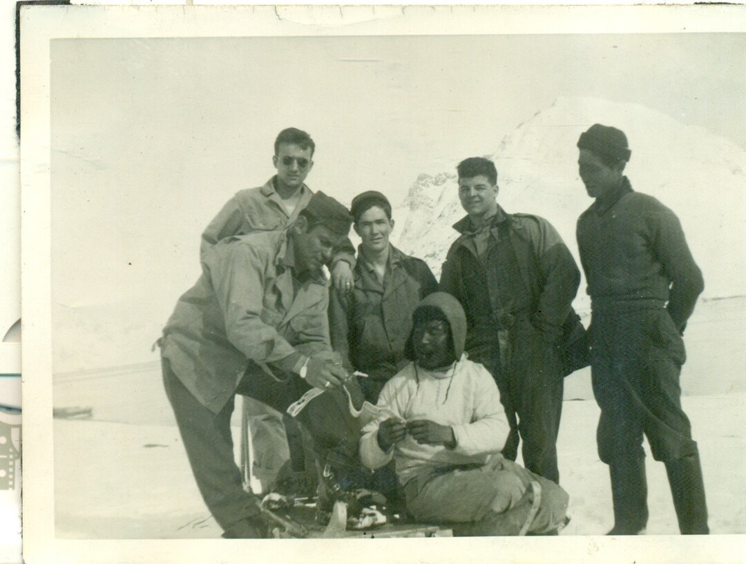 1940s Alaska Native Eskimo Man Sitting on Dog Sled Talking to WW2 Army ...
