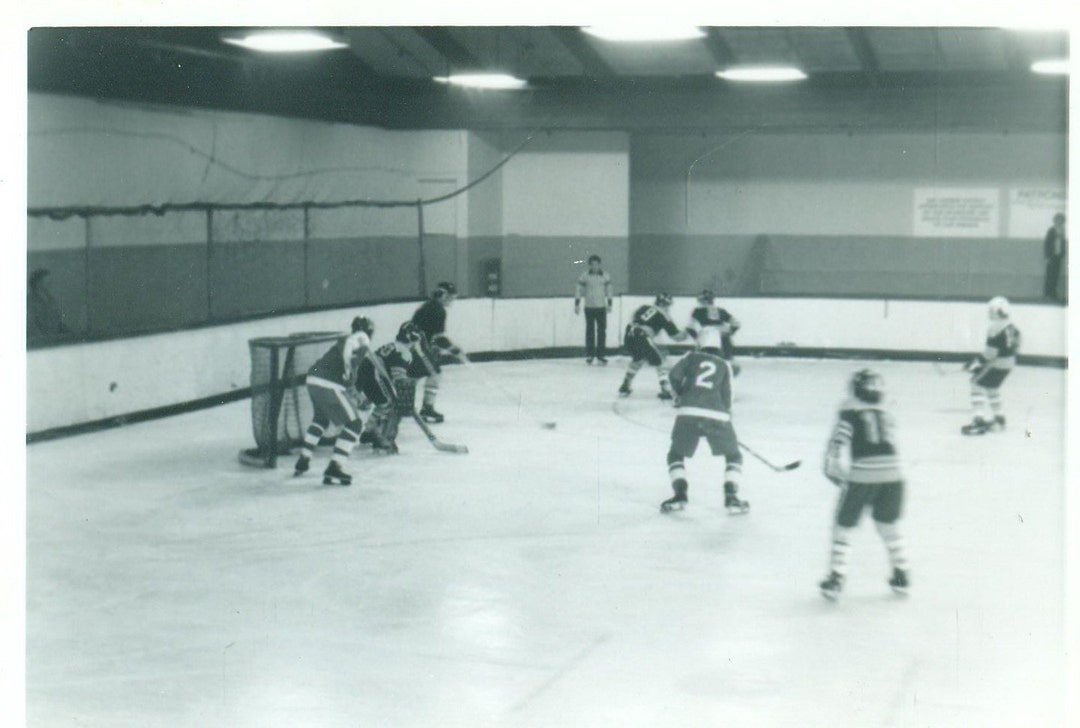 Hockey Game School Boys Kids Playing on Ice Skates Vintage Black and ...