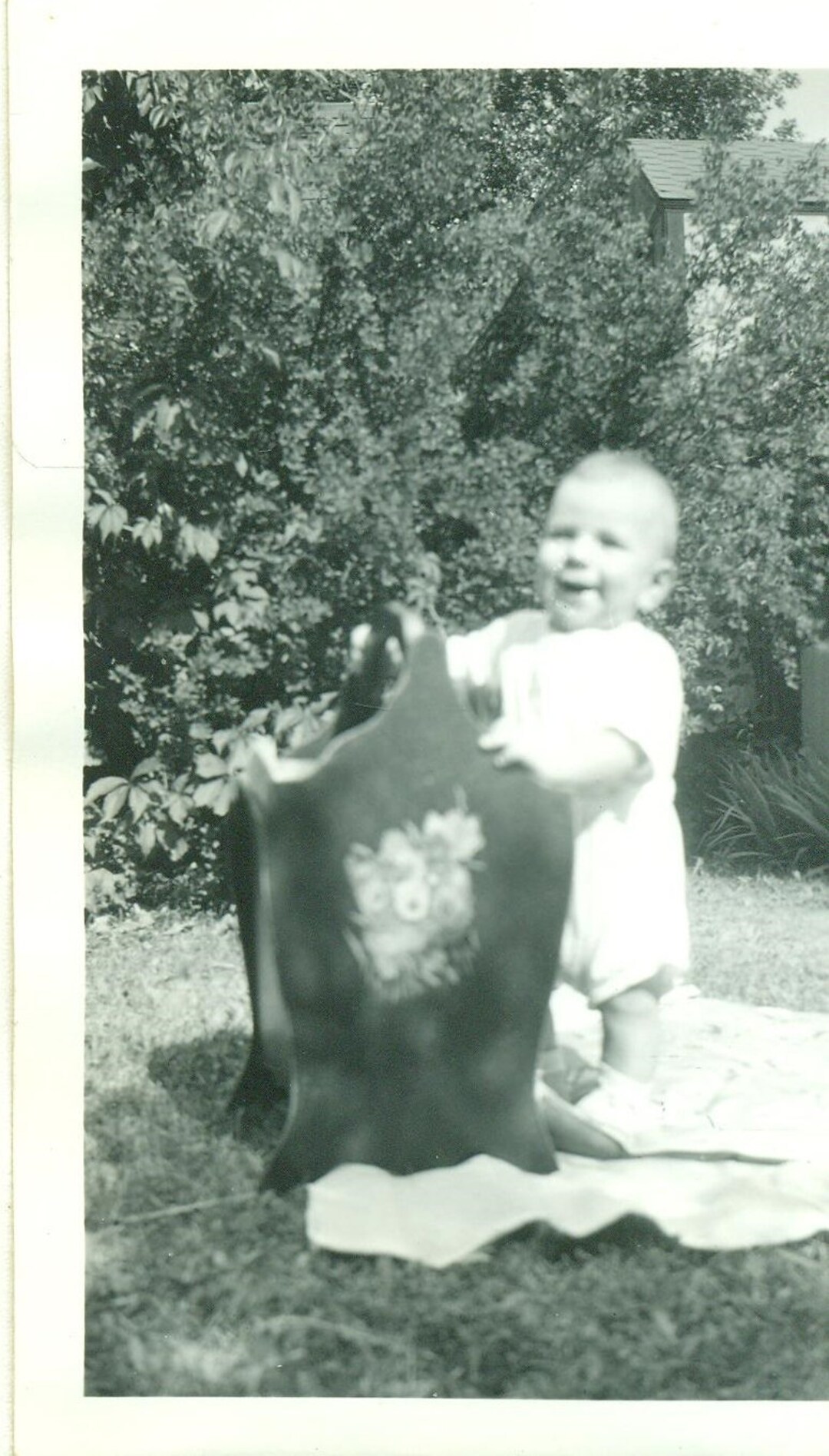 1940s Happy Baby Outside Standing With Magazine Rack Floral Wood Holder ...