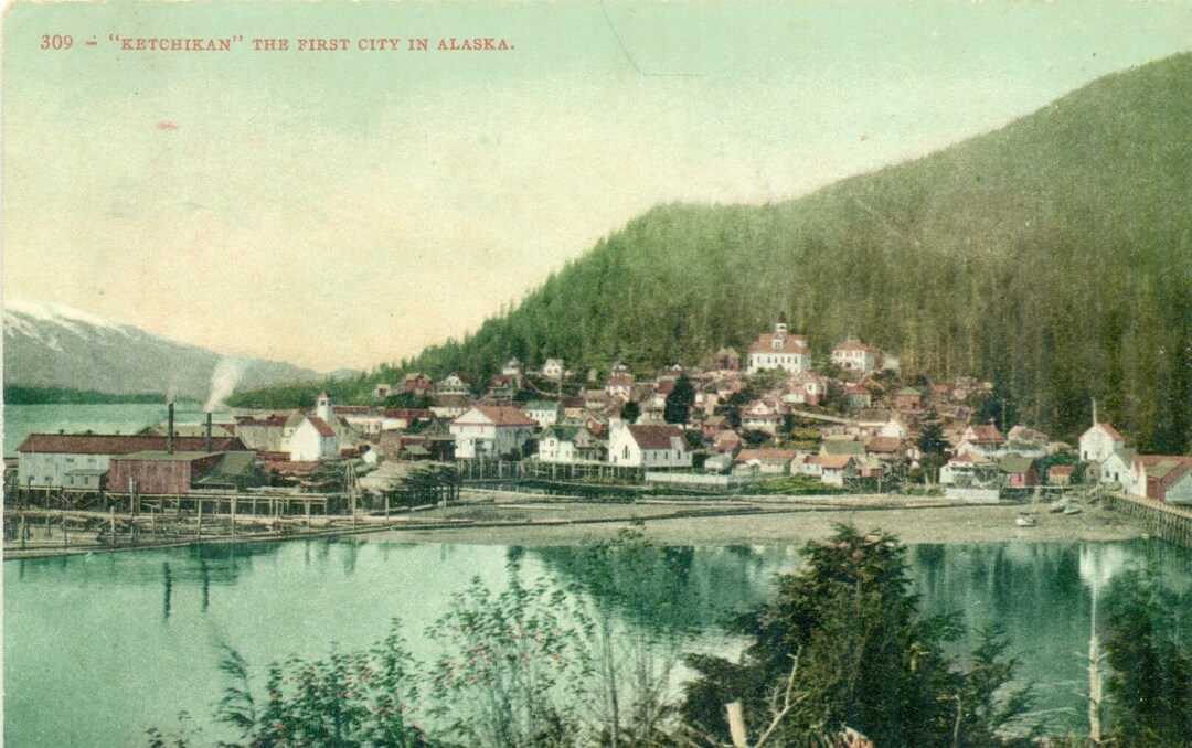 Ketchikan the First City in Alaska Shore Line Town View Antique Color ...