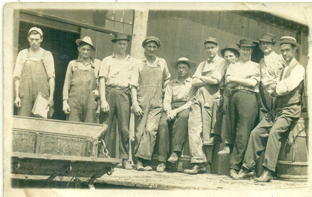 Work Men Holding Clipboard Denim Overalls Standing Outside Barrels ...