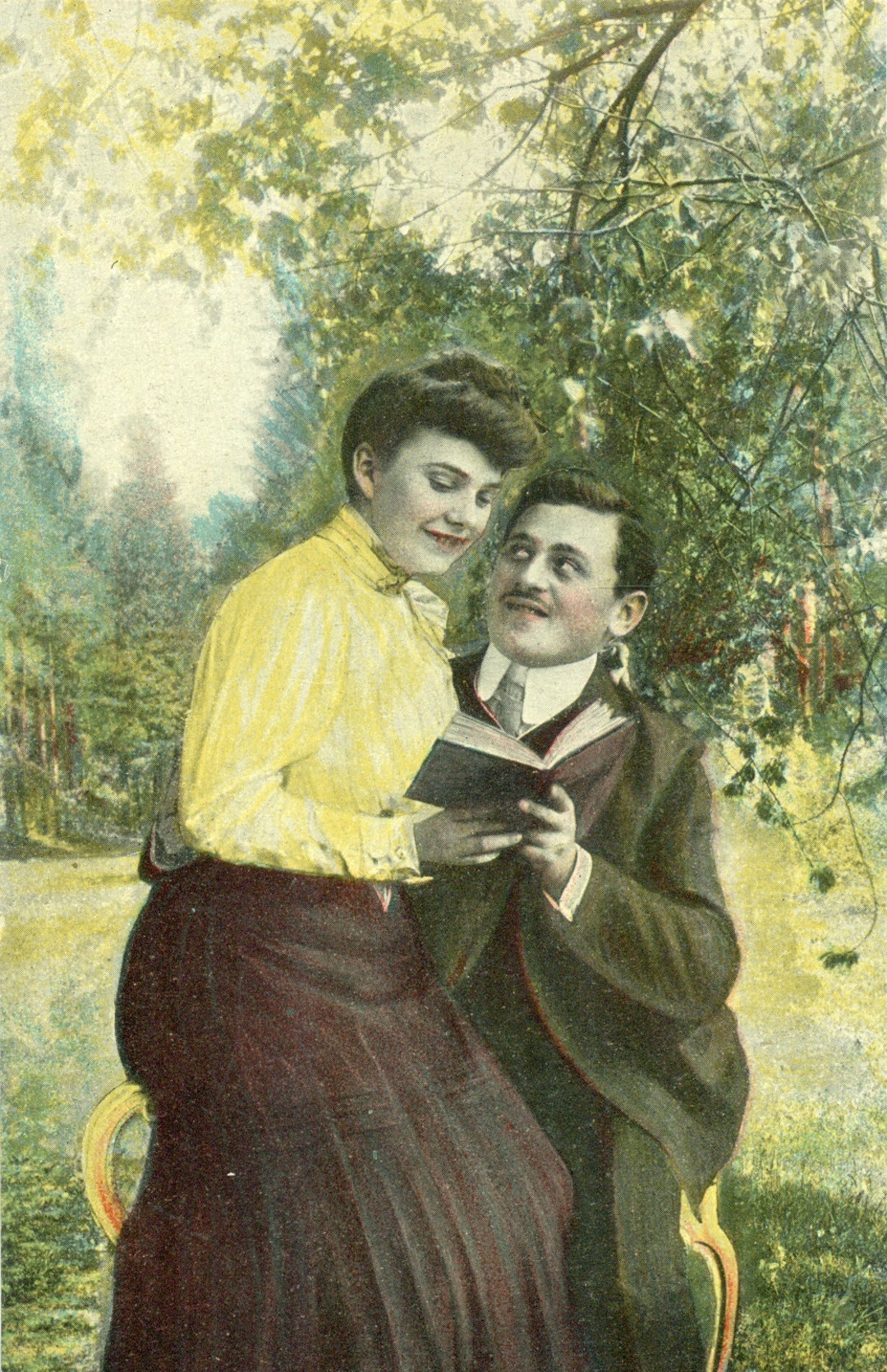 1900s Man in Love Looking at Woman Reading Book Sitting in Lap Antique ...