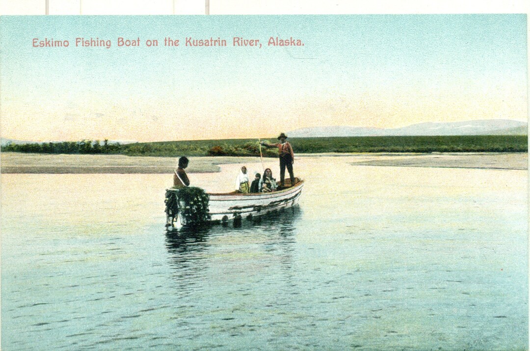 1900s Alaska Eskimo Fishing Boat on Kusatrin River Antique Color ...