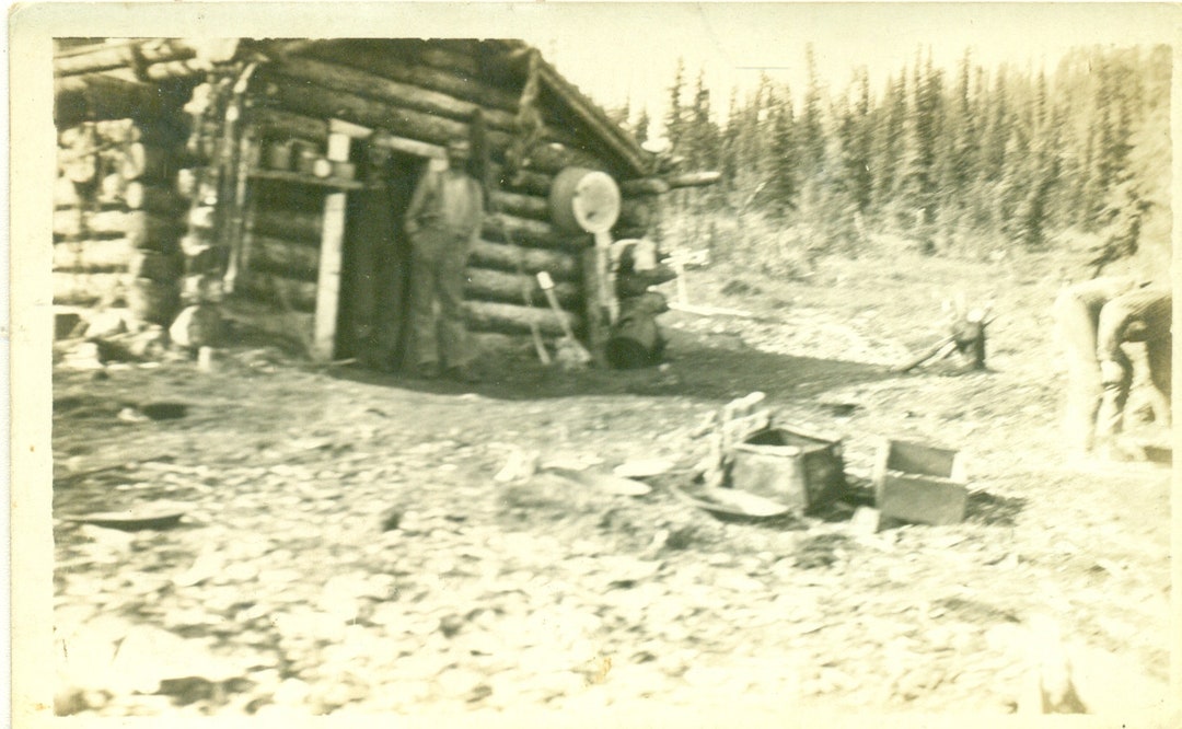 1920s Alaska Log Cabin Pioneers Standing in Door Black Spruce Forest ...