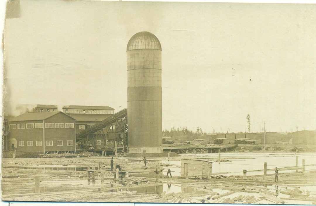 Giant Grain Silo Men Working Timber in Water at Boat Dock Antique RPPC ...