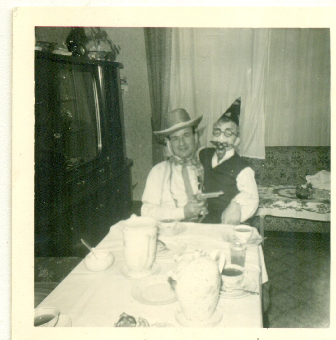 Halloween 1967 Cowboy Clown Father Son Costumes at Dining Table Vintage ...