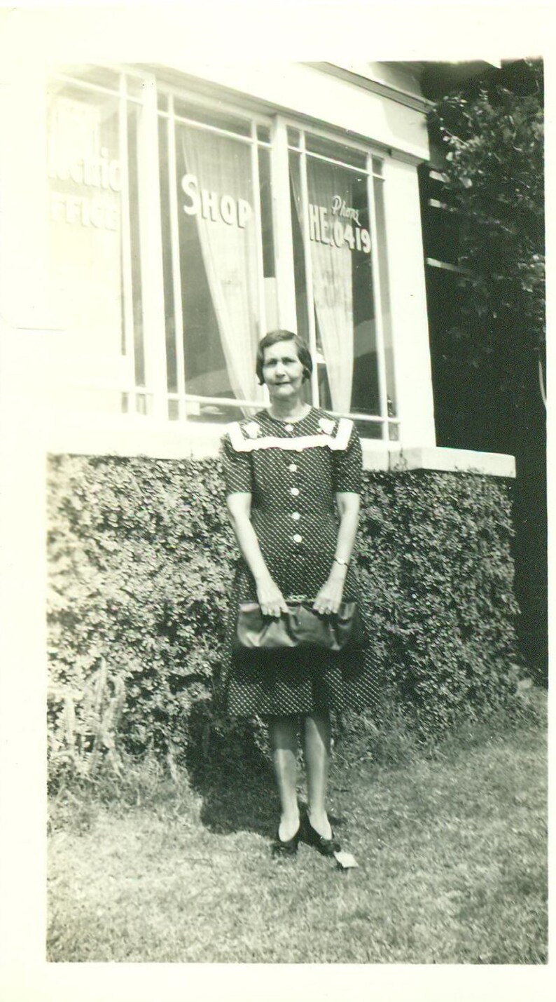 1930s Woman Standing in Front of Shop Store Front Polka Dot Dress 30s ...