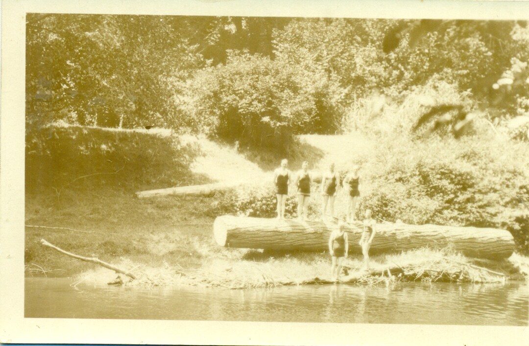 Swimmers Standing on a Log Bathing Suits Swimming Hole Stream Summer ...