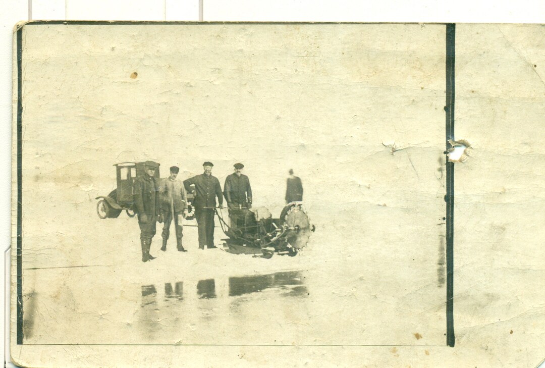 1920s Ice Cutter Men Cutting Ice From Lake Truck Parked Behind Winter ...