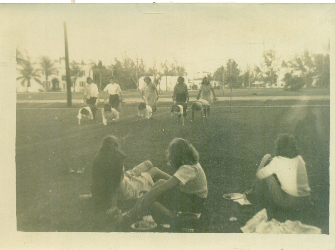Wheelbarrow Race Teen Girls Having Fun Outside School 1940s Vintage ...