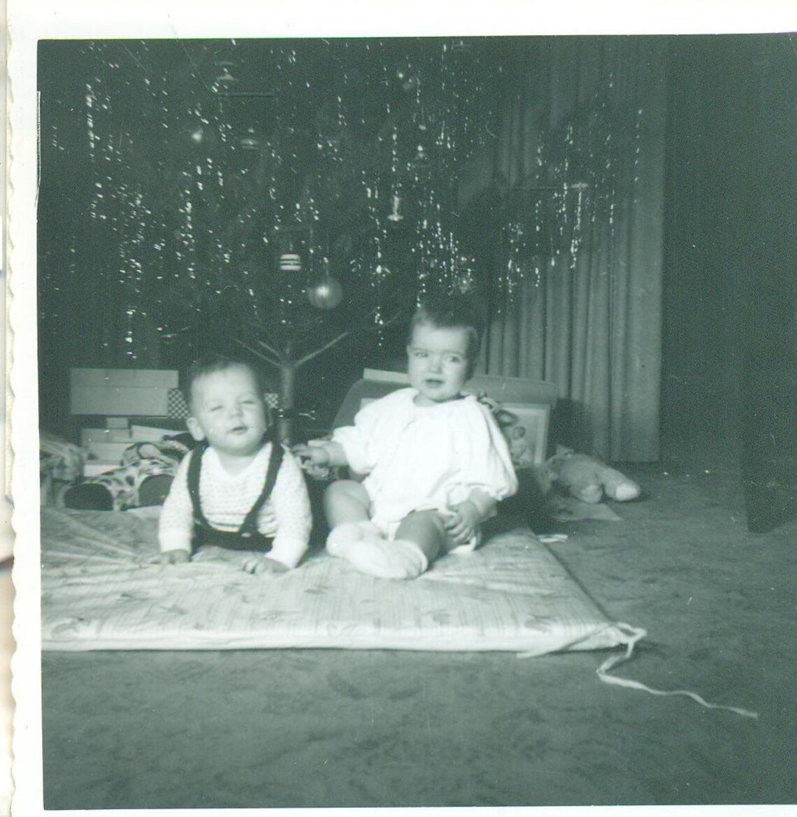 Christmas 1940s Baby Boys Under Tree 40s Vintage Photograph Black White ...