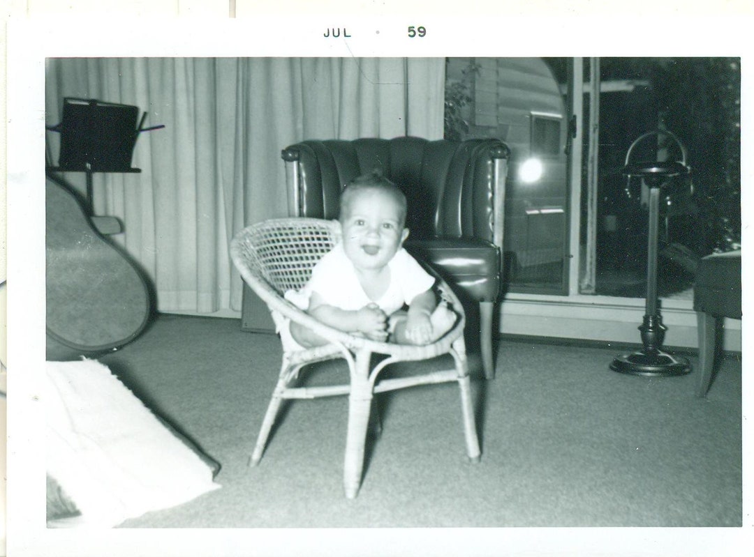 1959 Baby Boy Sitting in Mini Papasan Style Chair Vintage Photo Black ...