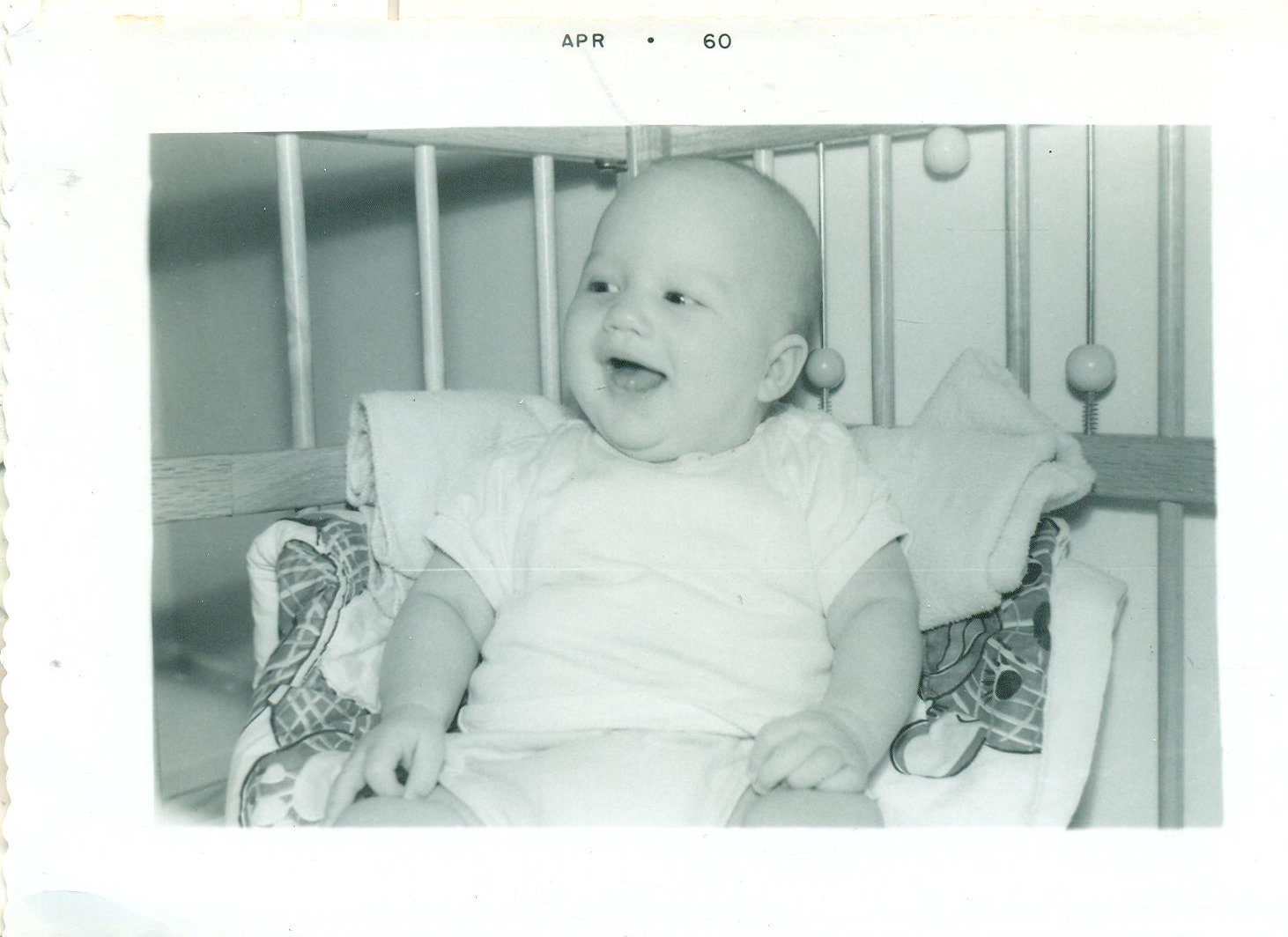 1960 Happy Bald Baby Laugh in Crib 60s Vintage Photograph Black White ...