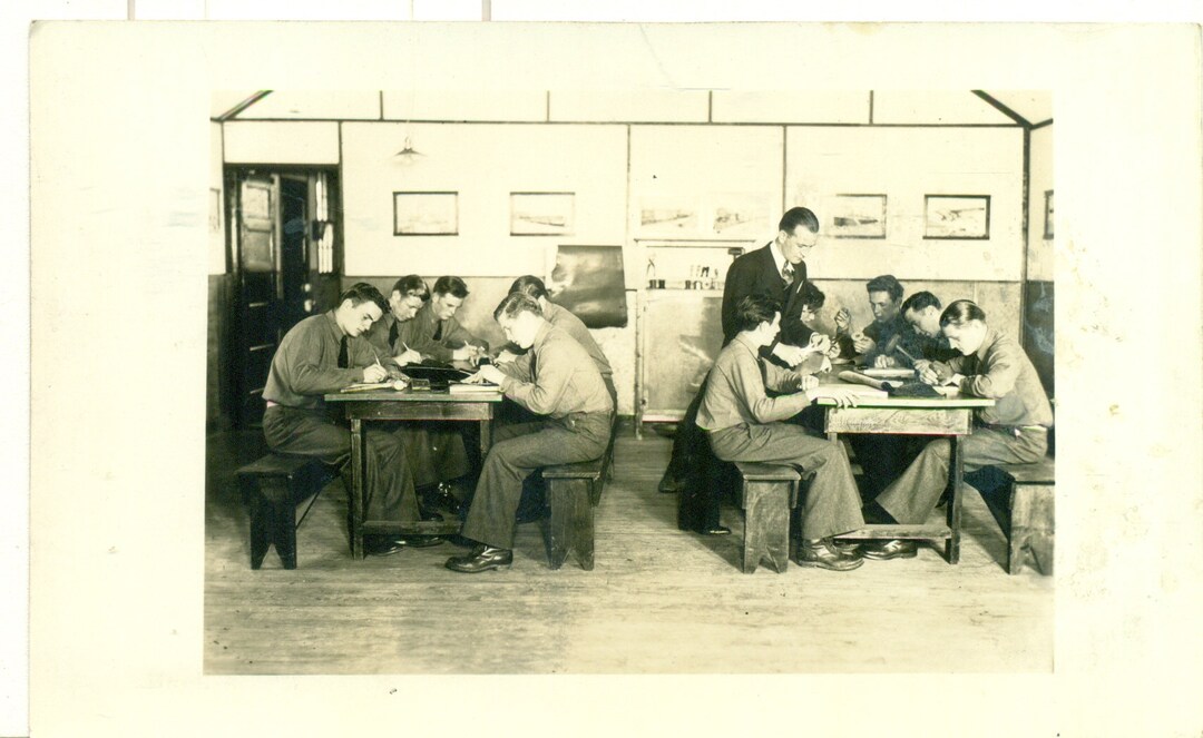 WW2 Era Army Soldiers Writing in Class Unform Teacher 1940s RPPC Real ...
