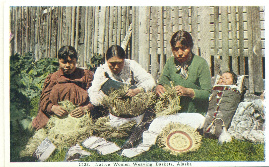 Alaska Native Women Weaving Baskets With Baby on Cradle Board Vintage ...