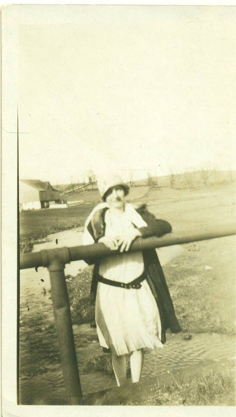 1920s Flapper Farm Girl Holding Pipe Fence by Stream 20s Vintage ...