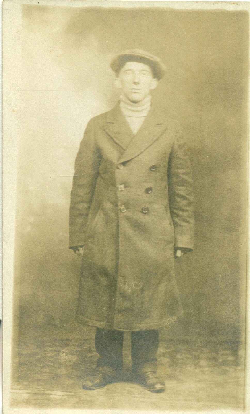 Short Man Standing in Oversized Coat Too Long Over Hands Antique RPPC ...