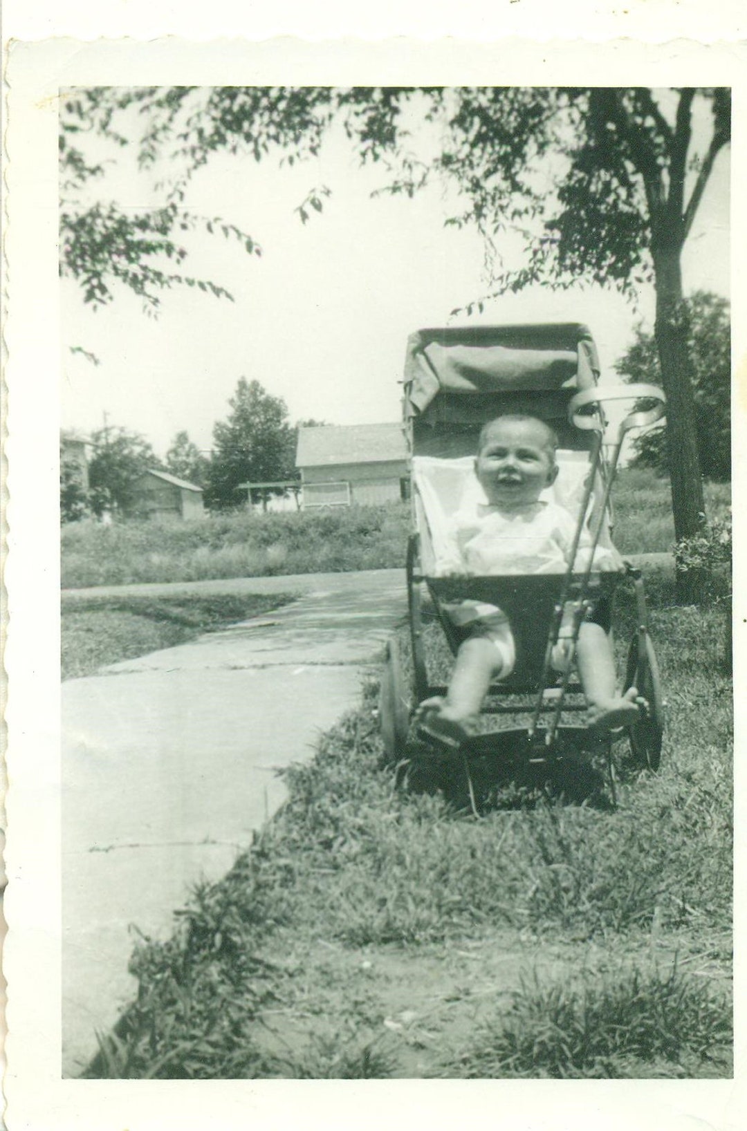1954 Farm Baby Sitting in Pull Along Stroller Cart 50s Vintage Photo ...
