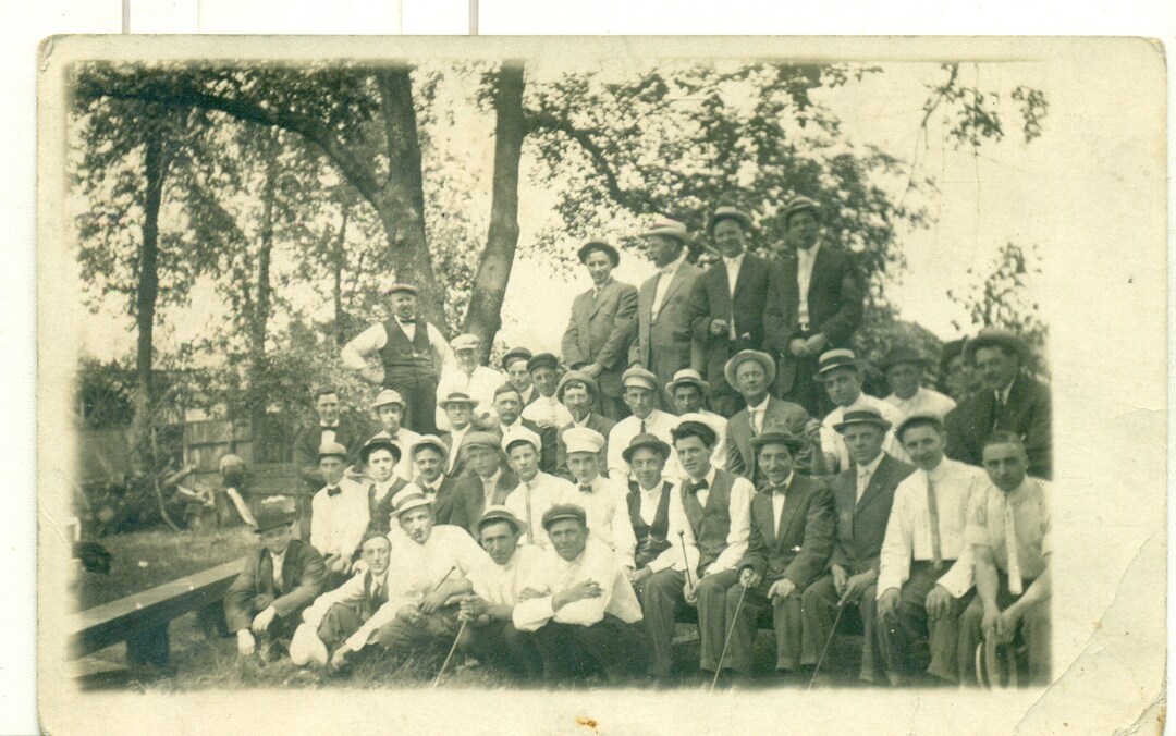 1910s Large Group of Men Outside Gathering RPPC Real Photo Postcard ...
