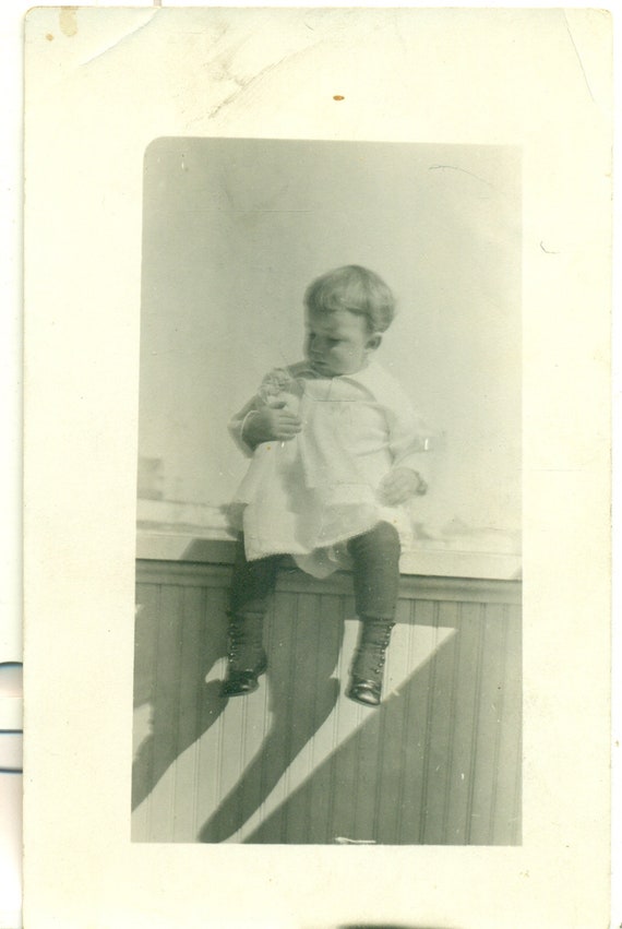 Perched Baby Holding Doll Hug Look 1910s RPPC Real Photo - Etsy