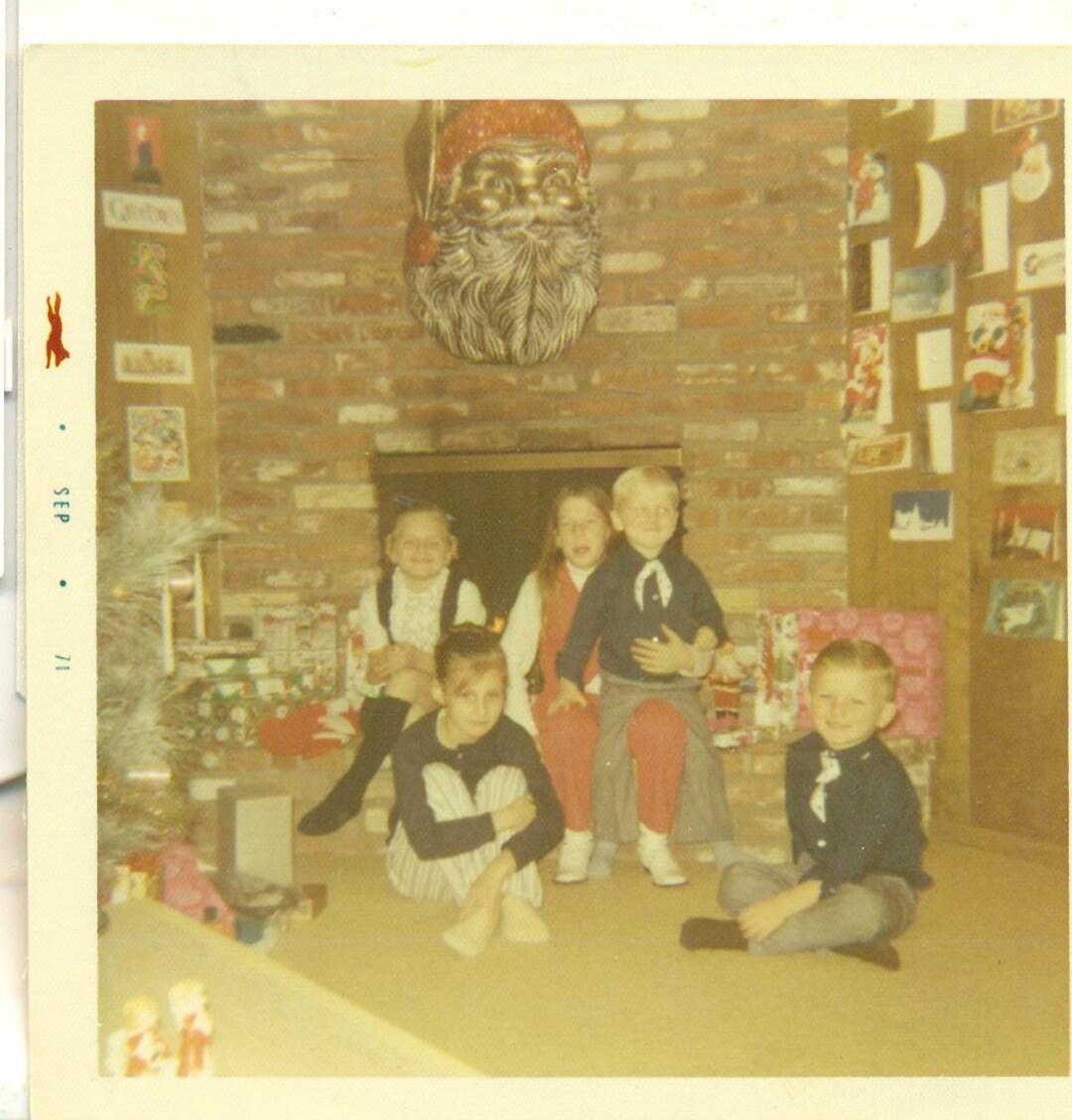 1971 Happy Kids on Christmas Morning Santa Brick Fireplace 70s Vintage ...