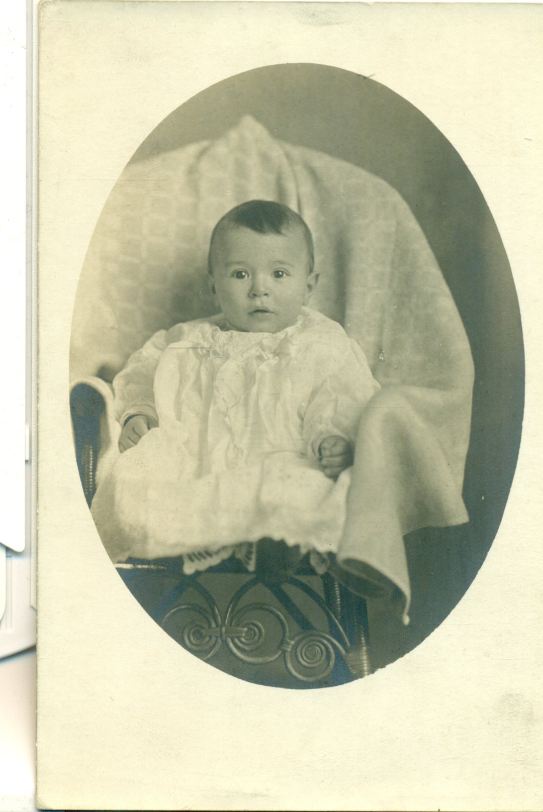 Wide Eye Baby Sitting in Chair Studio Portrait 1900s Antique RPPC Real ...