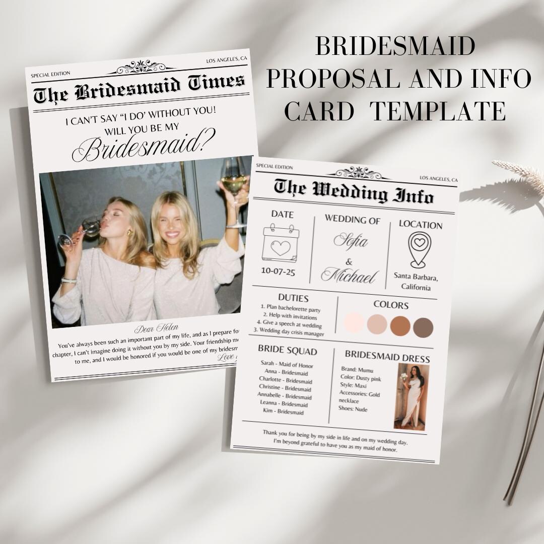 Newspaper Bridesmaid Proposal Card: Editable Bridal Party Template ...