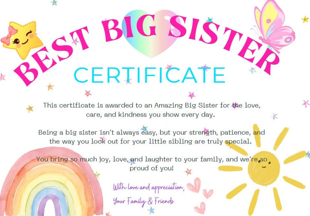 Best Big Sister Certificate - Etsy